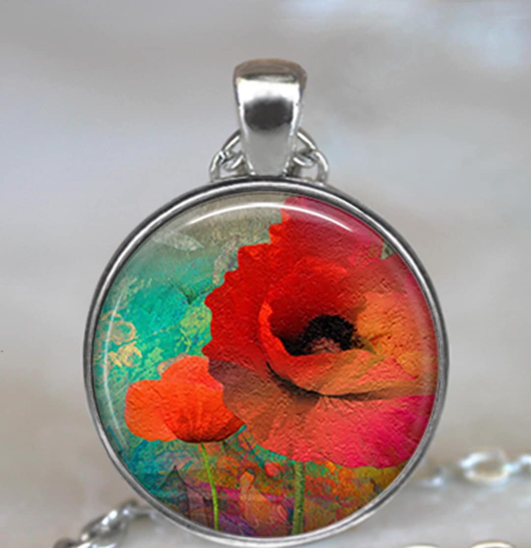 Poppy Art Necklace, Brooch or Key Chain, Poppy Jewelry Gift for Leo ...