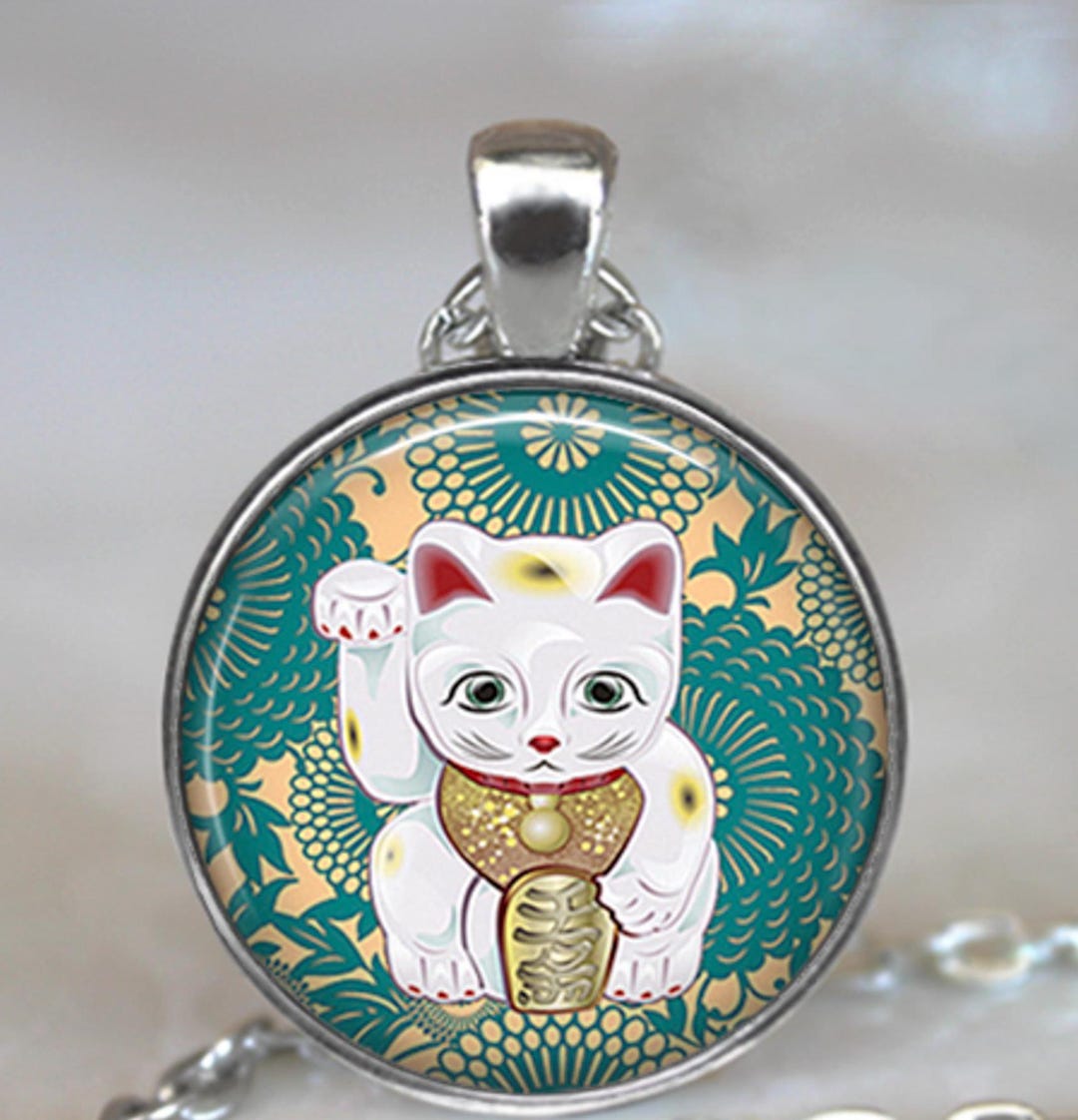 Teal Maneki Neko Necklace, Key Chain or Brooch, Japanese Lucky Cat ...