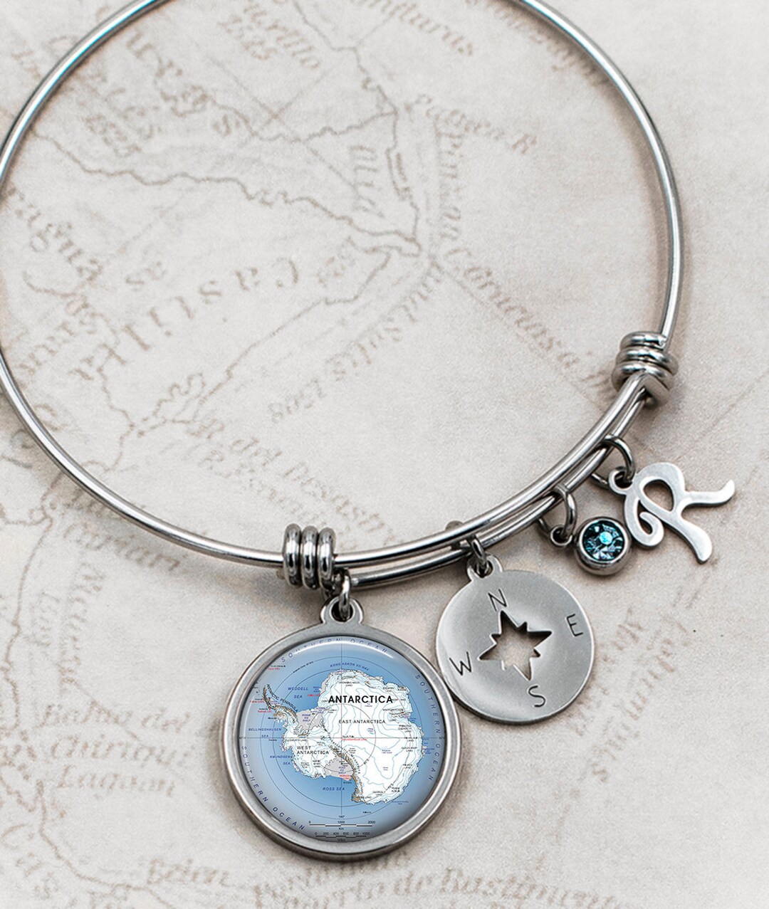 Antarctica Map Charm Bracelet, Stainless Steel Map Bracelet Bangle ...