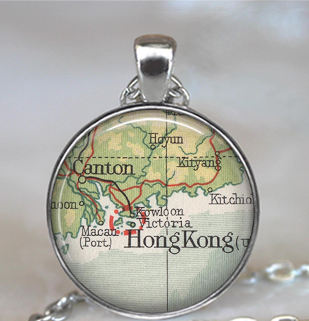 Hong Kong Map Necklace, Key Chain or Brooch, Hong Kong Vintage Map Gift ...