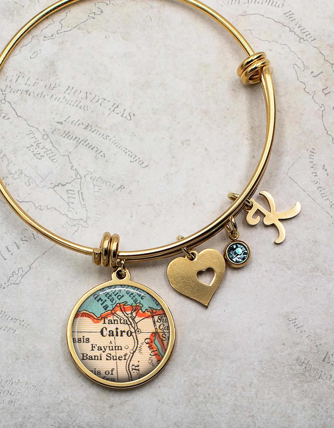 Cairo Map Charm Bracelet, Cairo Egypt Stainless Bangle Bracelet ...