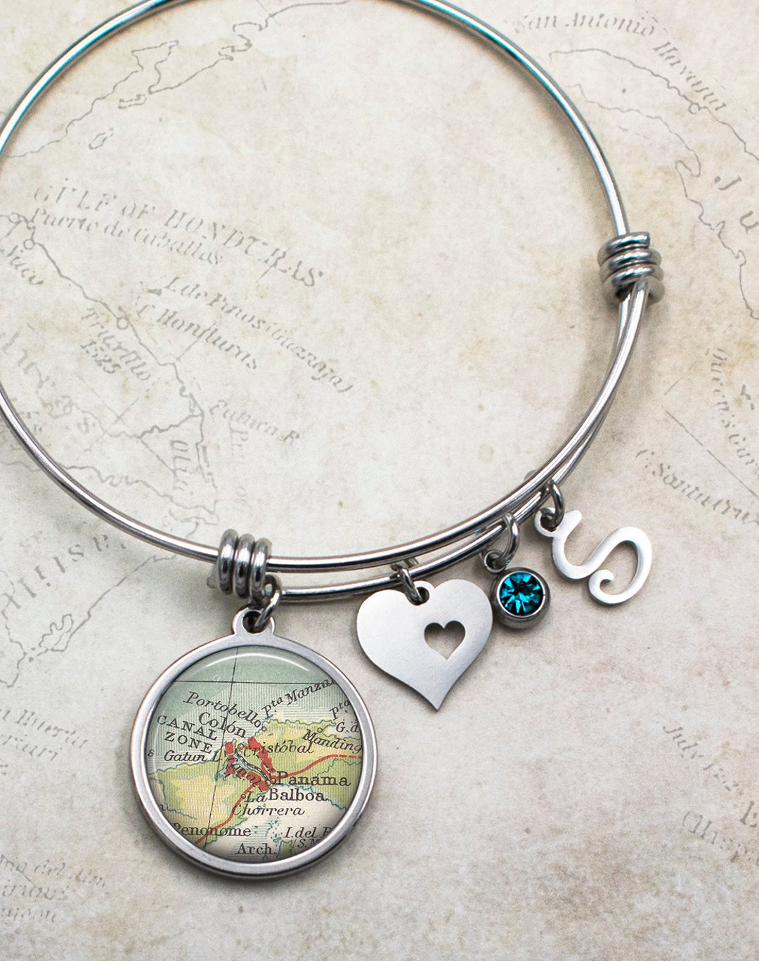 Panama Map Charm Bracelet, Panama Canal Map Bracelet Initial Bangle ...