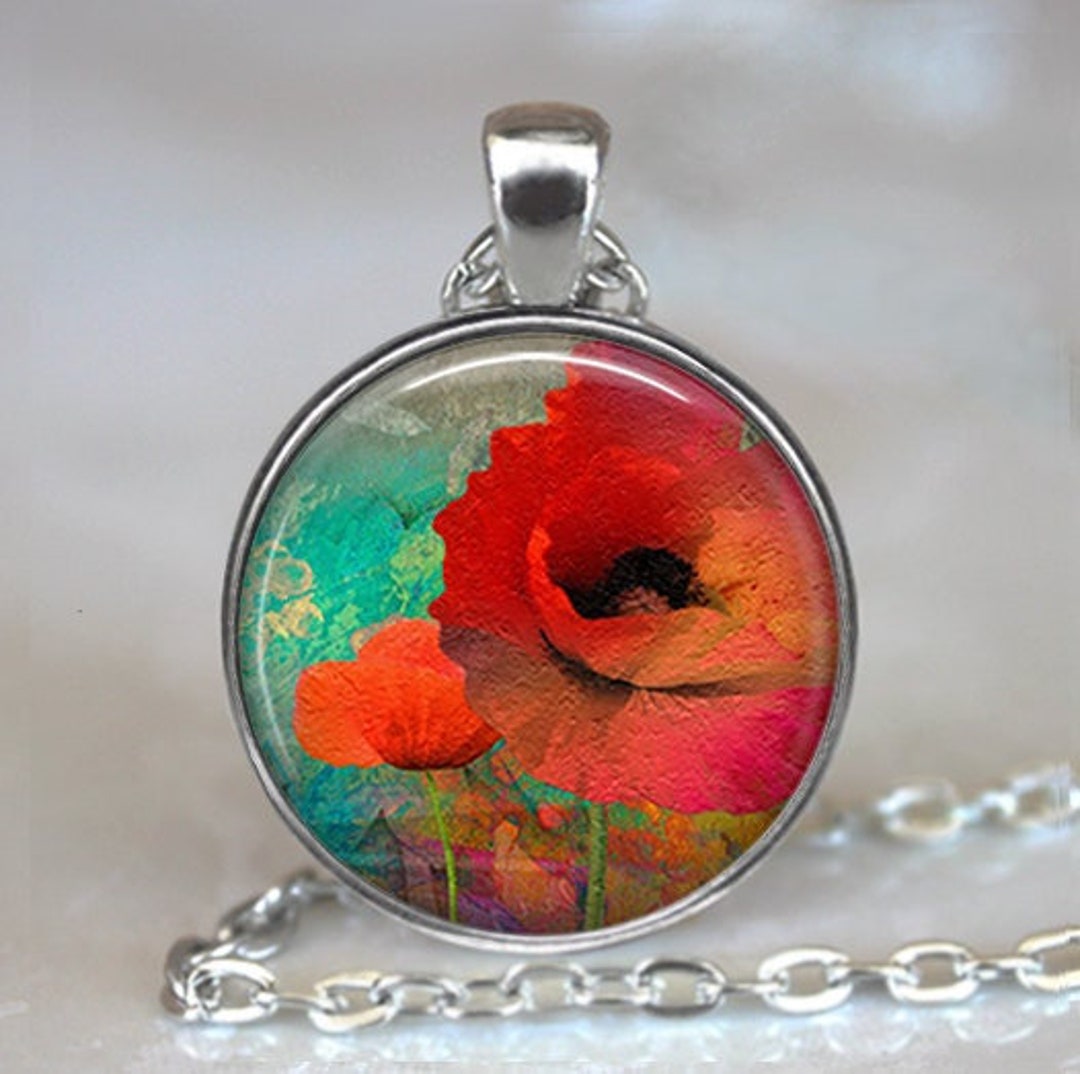 Poppy Art Necklace, Brooch or Key Chain, Poppy Jewelry Gift for Leo ...