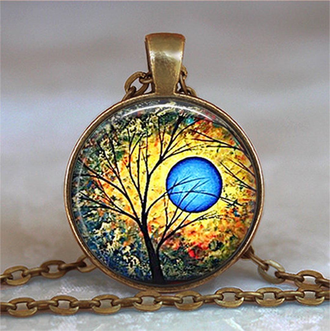 Summer Blue Moon Pendant, Blue Moon Necklace, Tree Necklace, Tree ...