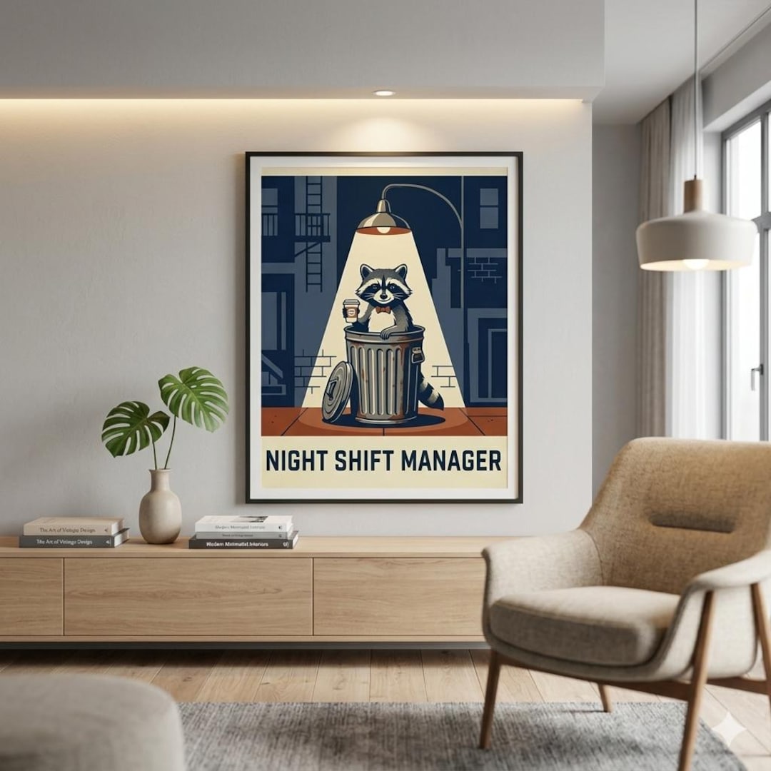 Night Shift Manager Raccoon Poster | Humorous Anthropomorphic Animal ...