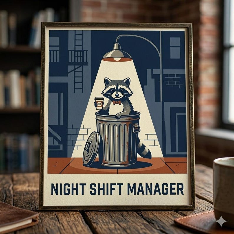 Night Shift Manager Raccoon Poster | Humorous Anthropomorphic Animal ...