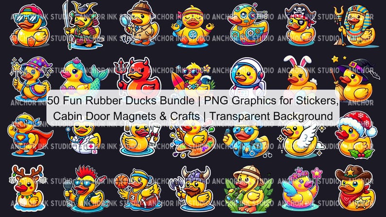 Fun Rubber Duck Clipart Bundle: 50 PNG Designs for Stickers, Cabin ...