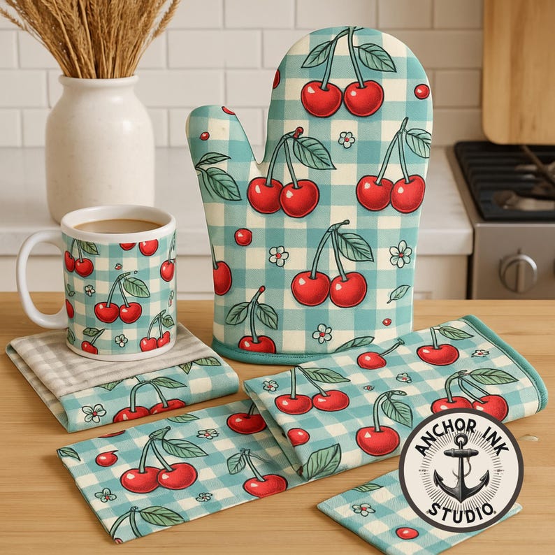 Blue Gingham Cherry Seamless Pattern | 12x12” Retro Picnic Digital JPEG ...
