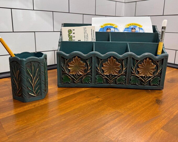 Hand-painted Blue & Gold Vintage Desk Organizer Set – Ornate Floral ...