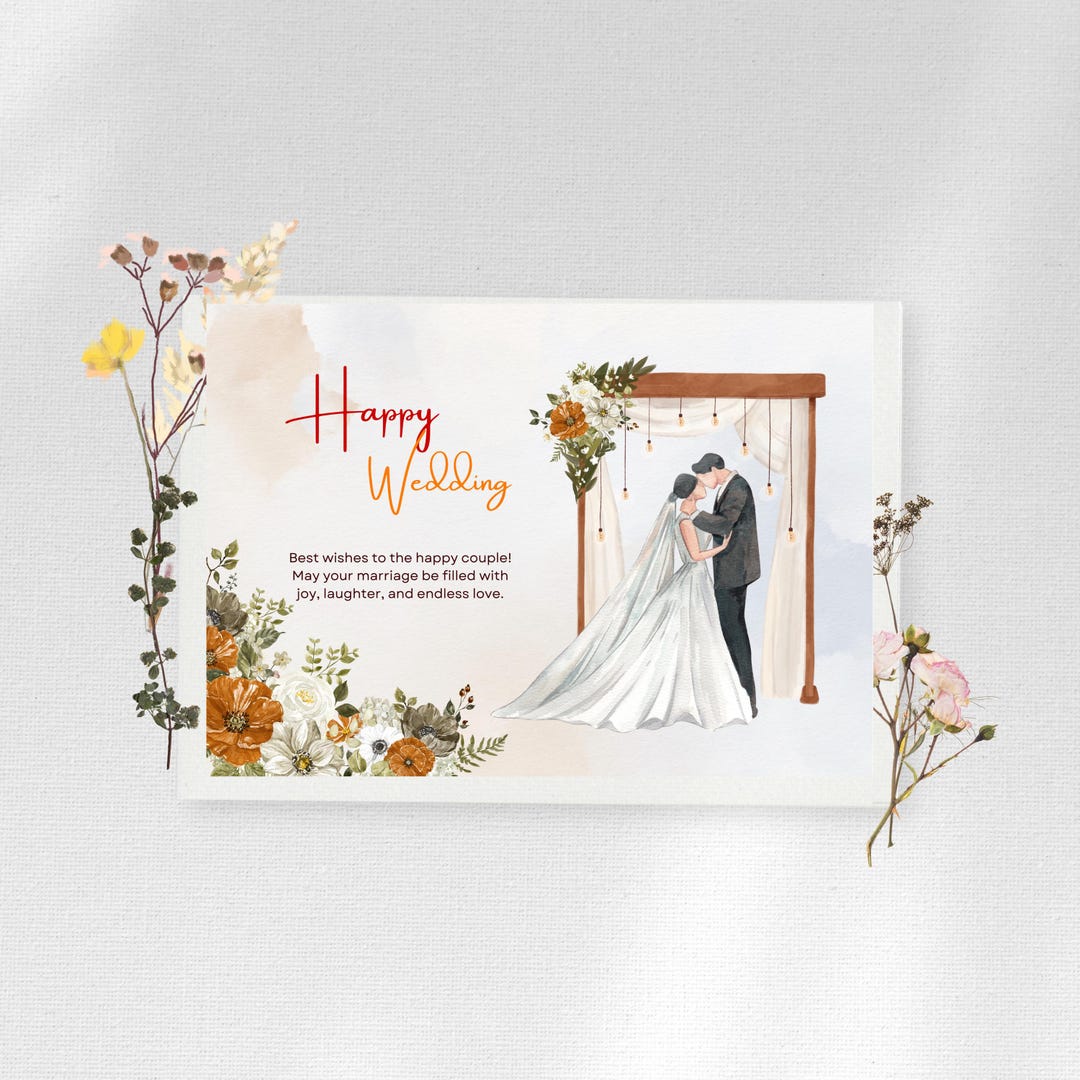 Happy Wedding Card Printable, Watercolor Couple Digital Download ...