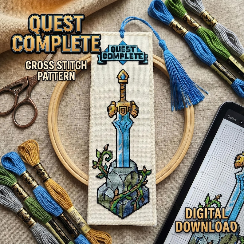 Quest Complete Sword Cross Stitch Bookmark Pattern PDF Digital Gaming ...