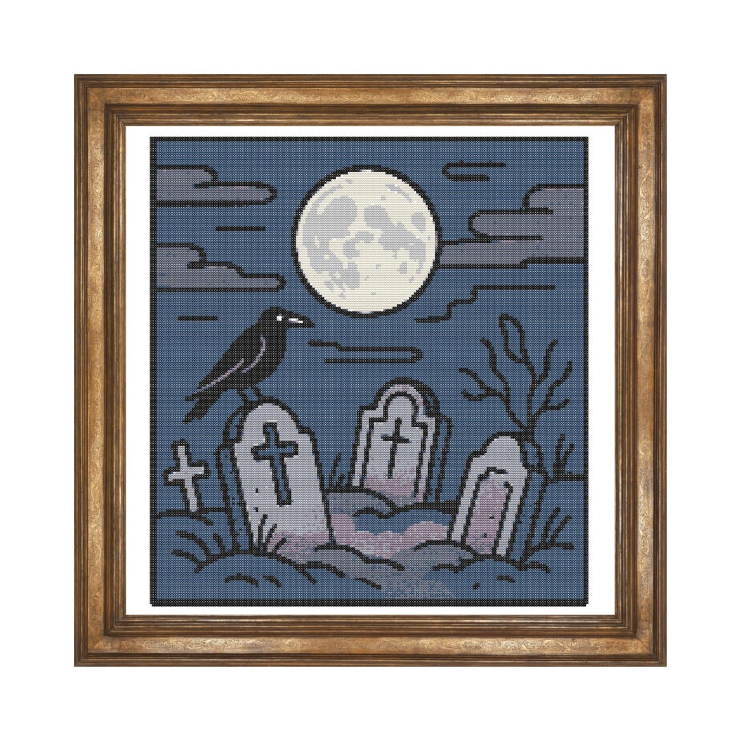 Raven Moonlit Graveyard Cross Stitch Pattern | Spooky Halloween ...