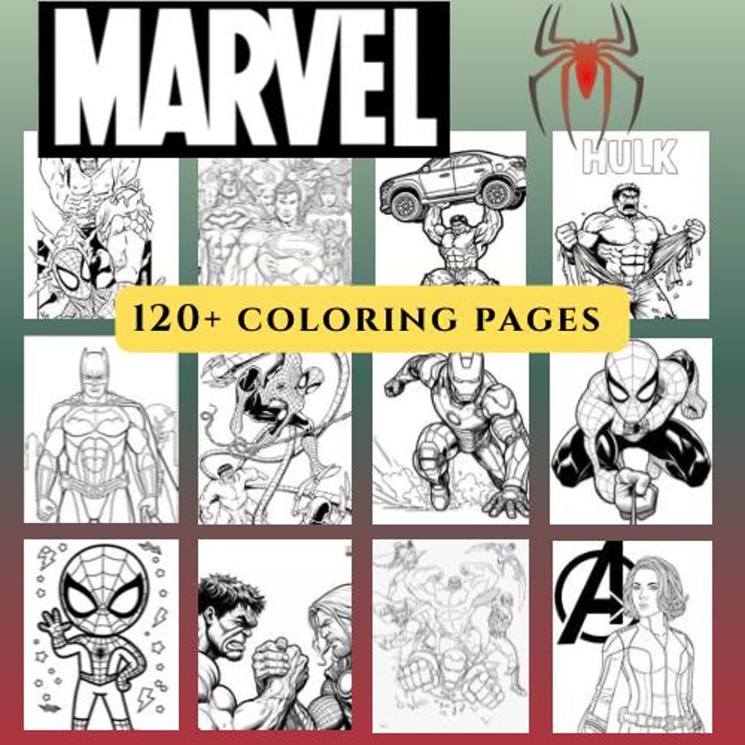 Marvel Superhero Coloring Book – 120+ Pages, Spider-man & Hulk (digital ...