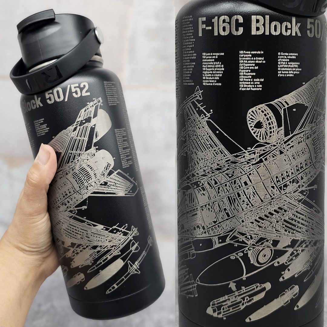 F-16C Block 50/52 Military Aircraft Blueprint Engraved on Black Water ...