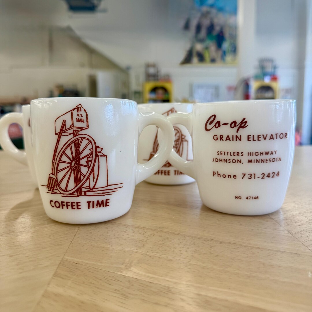 Set of 4 Vintage Milk Glass Mugs Co-op Grain Elevator Settlers Highway ...