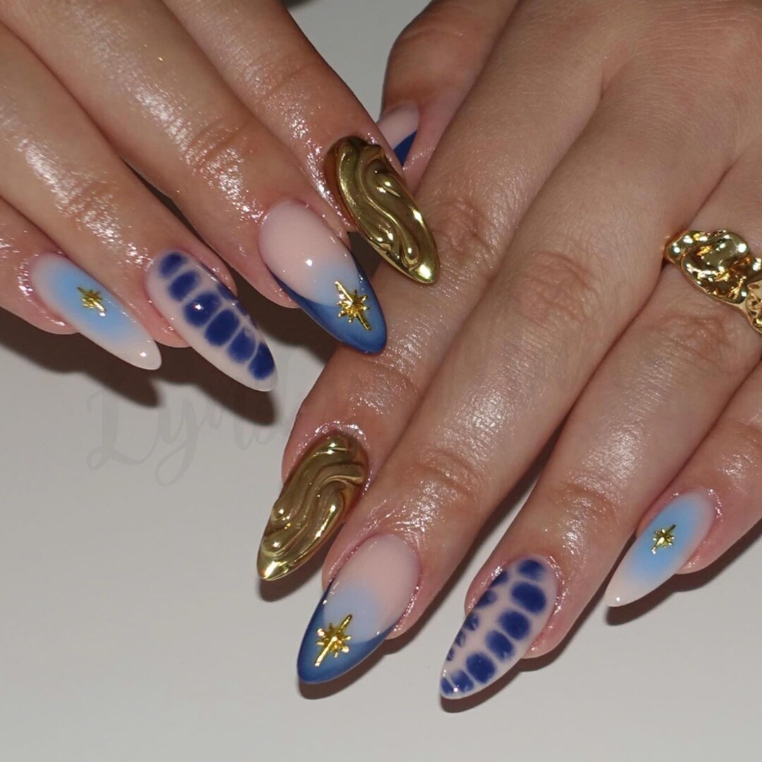 Handmade Mystic Blue Press on Nails With Gold Stars, 3D Astrology Nail ...