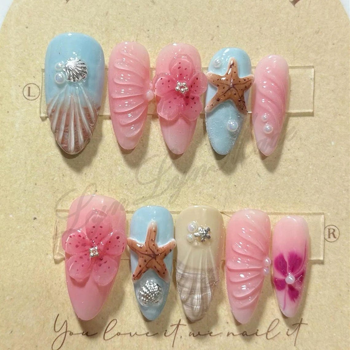 Handmade Summer Press on Nails With Shells, Starfish, Flowers, Tropical ...