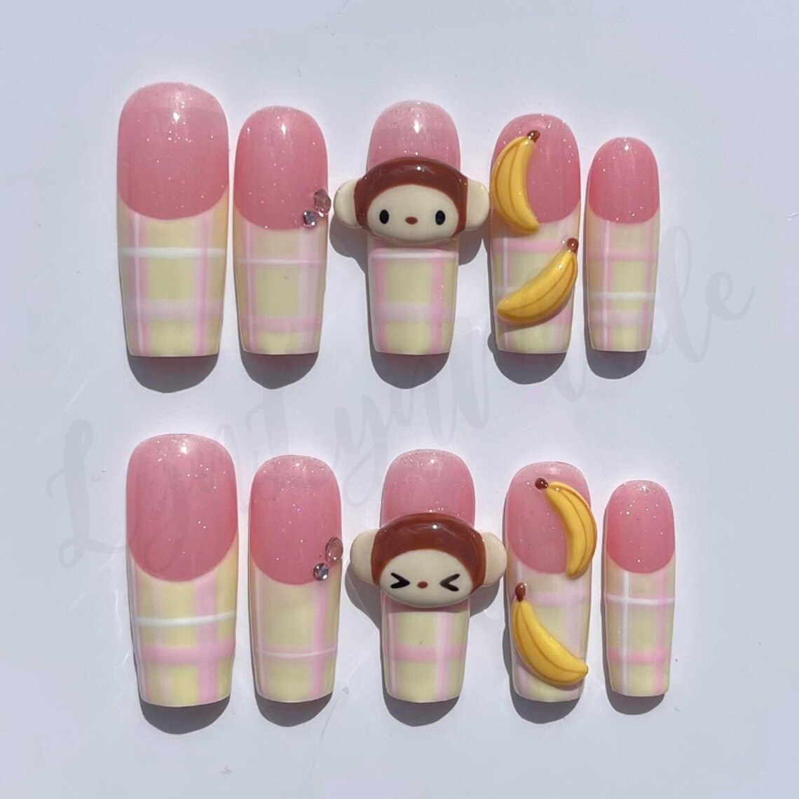 Handmade 3D Monkey Press on Nails, Pink Plaid Banana Nail Art - Etsy