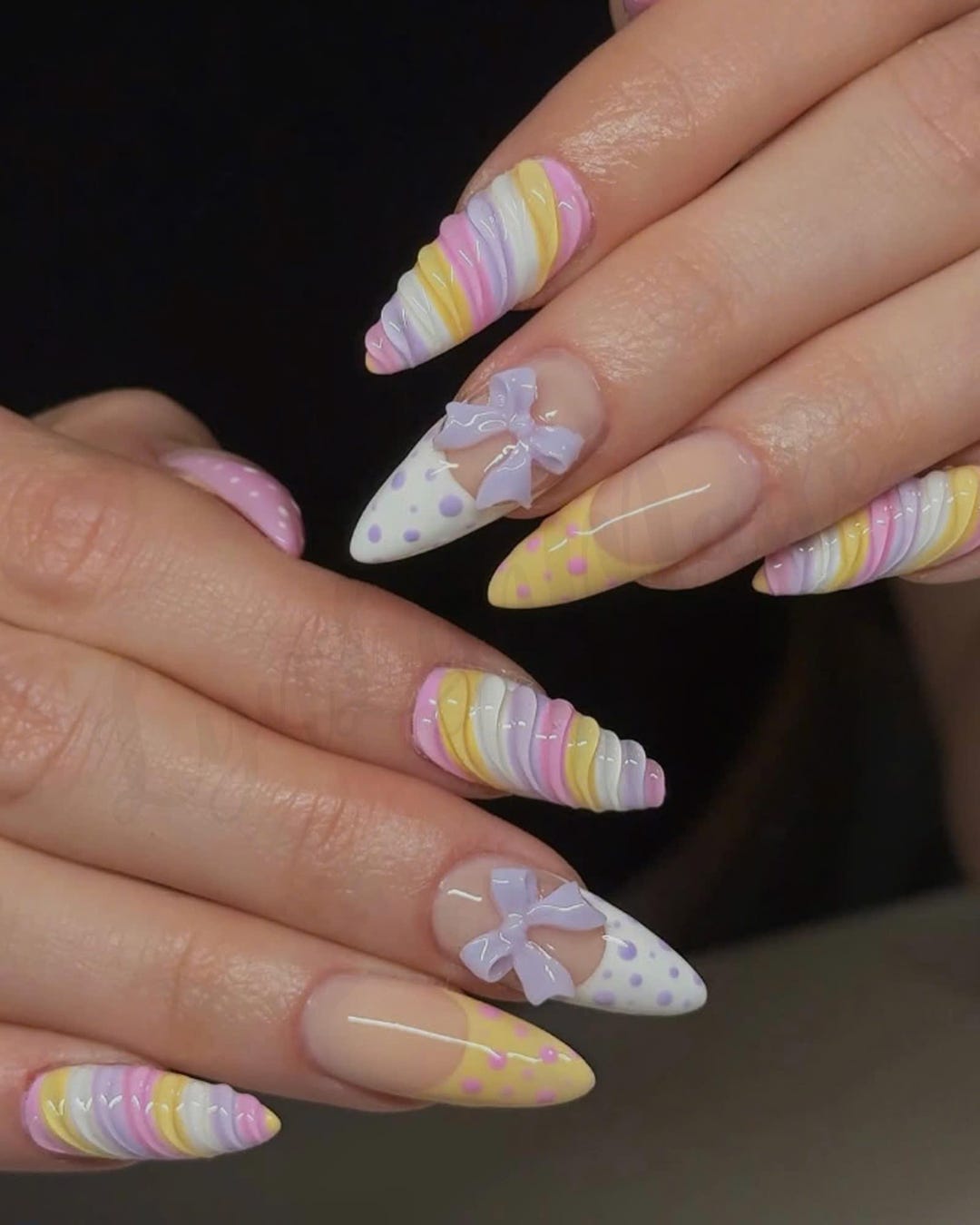 Handmade Press on Nails, Candyland Swirl, 3D Bow, Pastel French Tip - Etsy