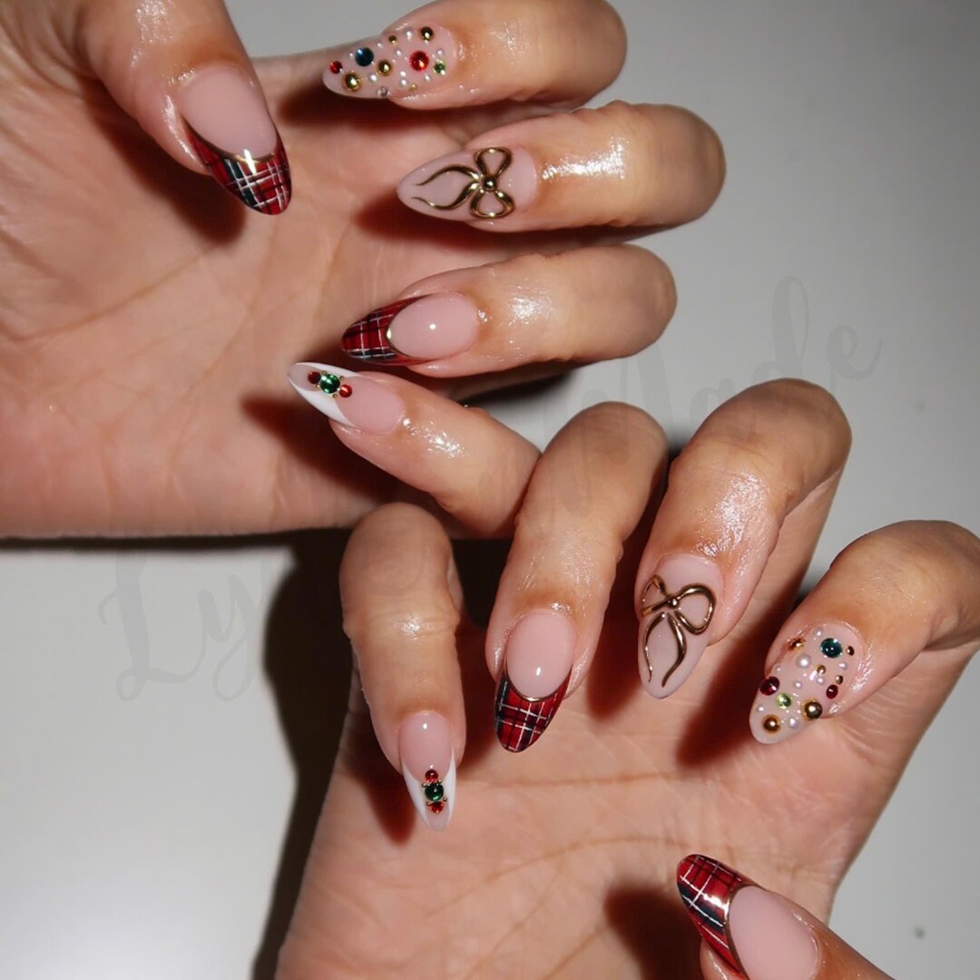Christmas Plaid Press on Nails, Tartan French Tip Fake Nails, Holiday ...