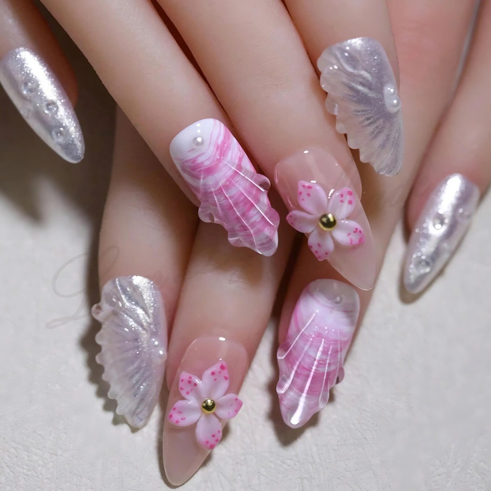 Pink Paradise Beach Press on Nails, 3D Floral Seashell Nail Art ...