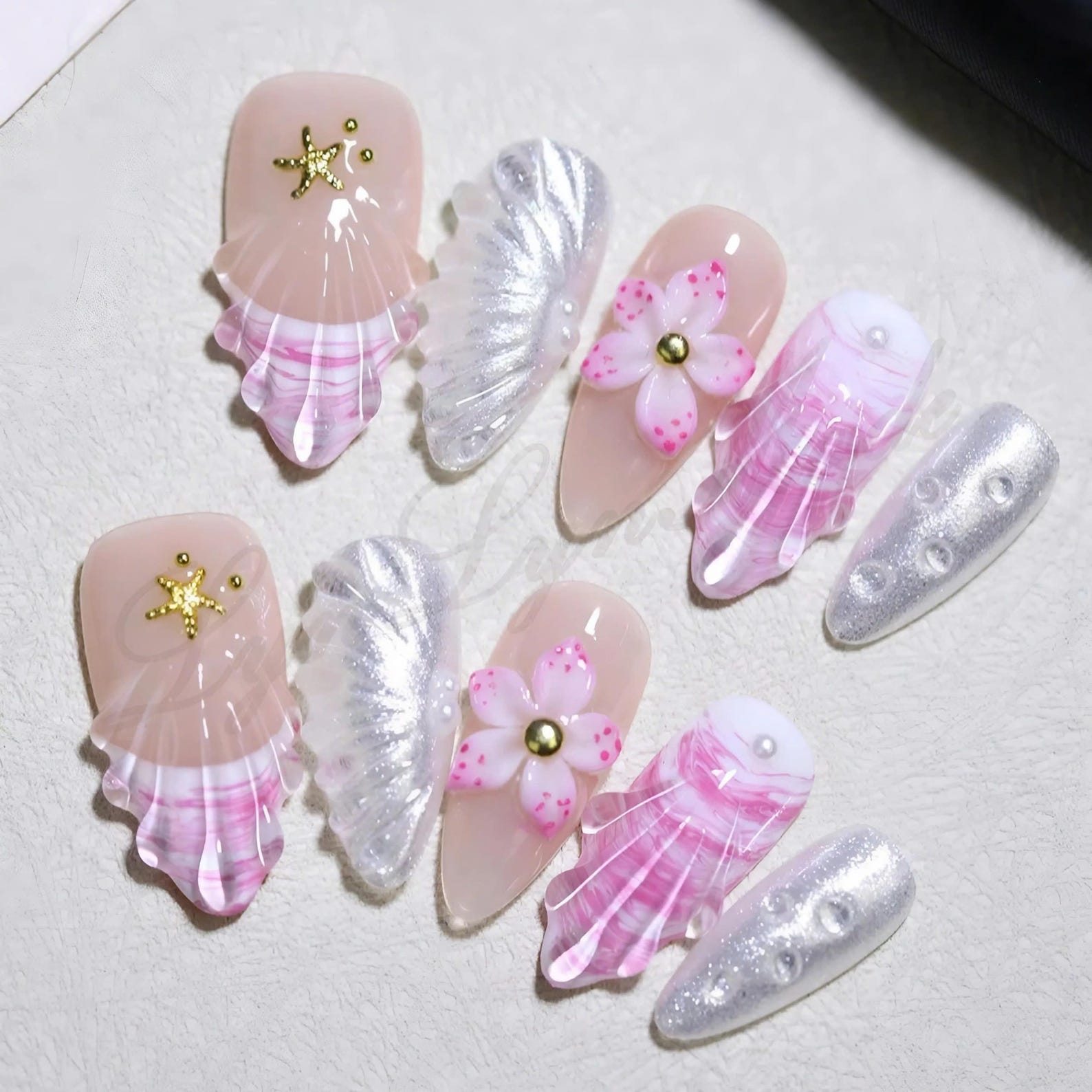Pink Paradise Beach Press on Nails, 3D Floral Seashell Nail Art ...