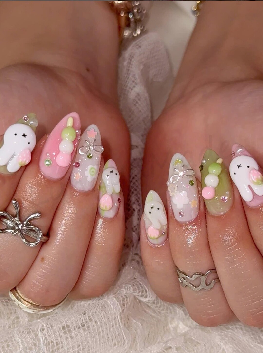 Kawaii Bunny Dango Press on Nails, Handmade Matcha Pastel Nails - Etsy