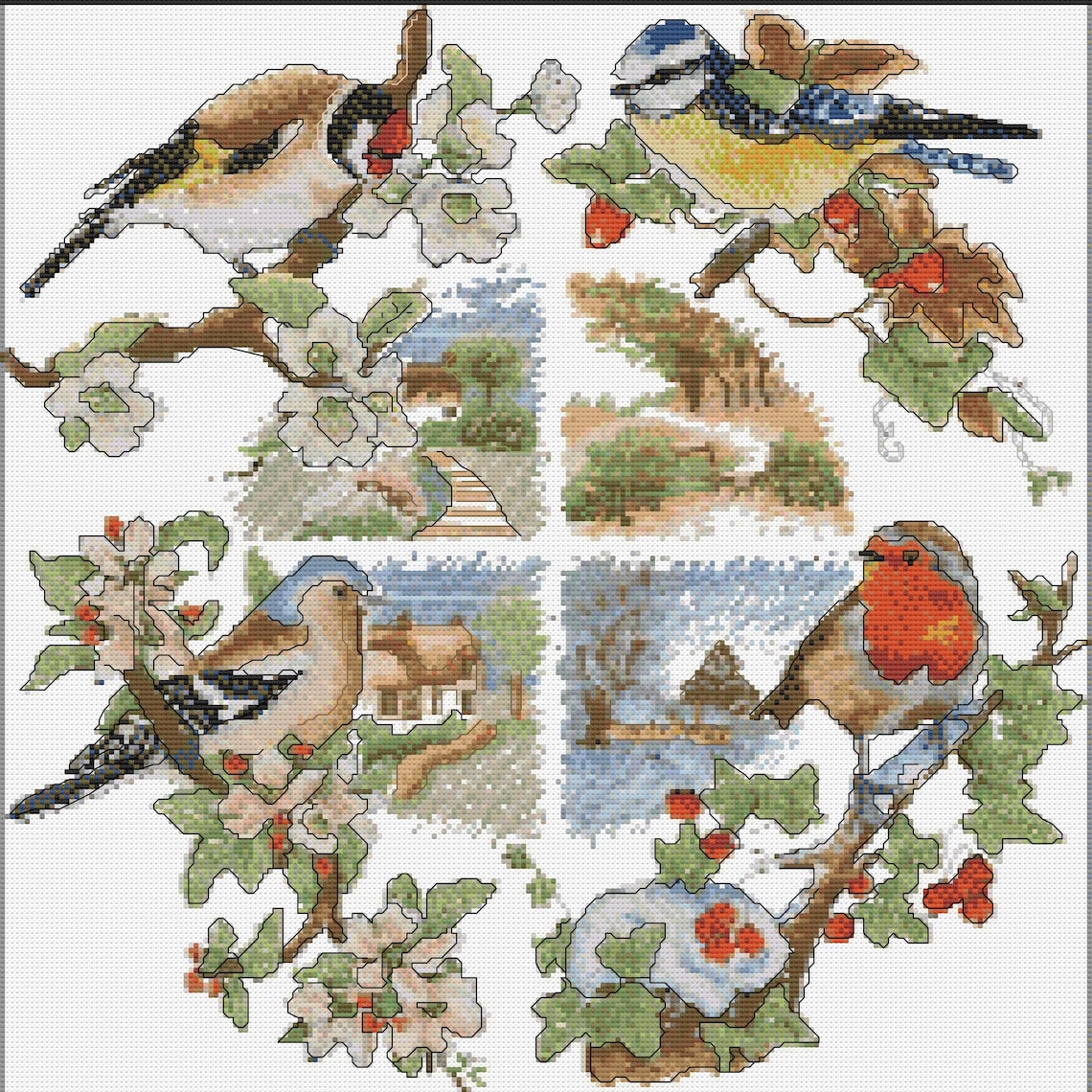 Seasonal Birds Cross Stitch Pattern | Four Seasons Robin Goldfinch PDF ...