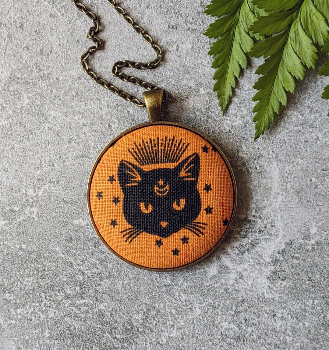 Orange Black Cat Necklace, Retro Halloween Jewelry, Witchy Jewelry ...