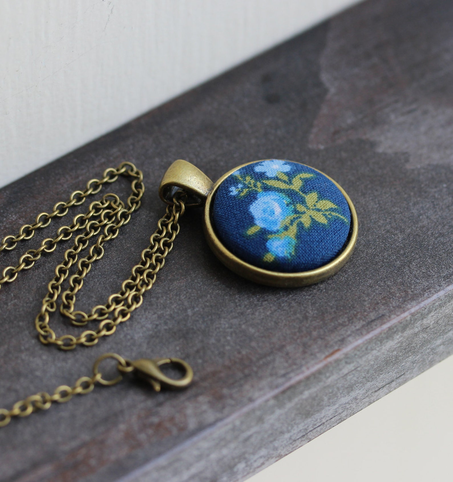 Small Navy Blue Pendant, Floral Fabric Cute Necklace, Hippie, Retro - Etsy