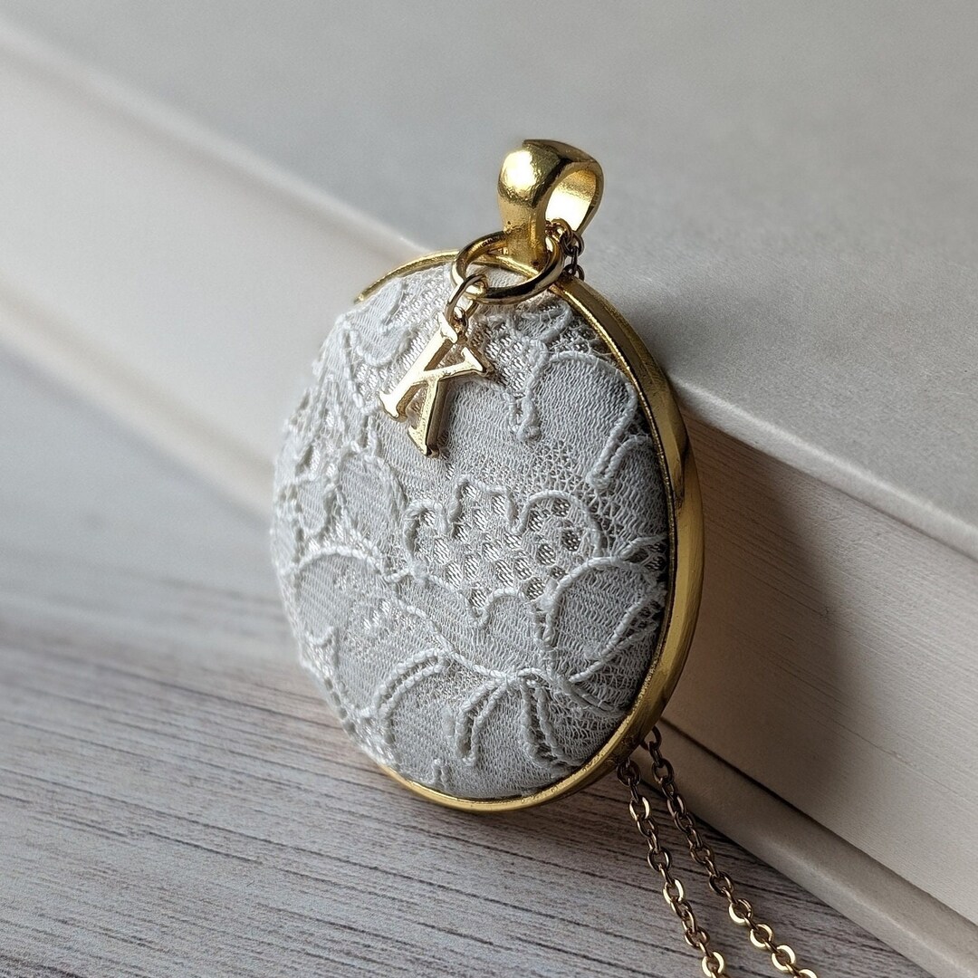 Vintage Lace Pendant With Gold Initial Charm, Personalized Gift for Her ...
