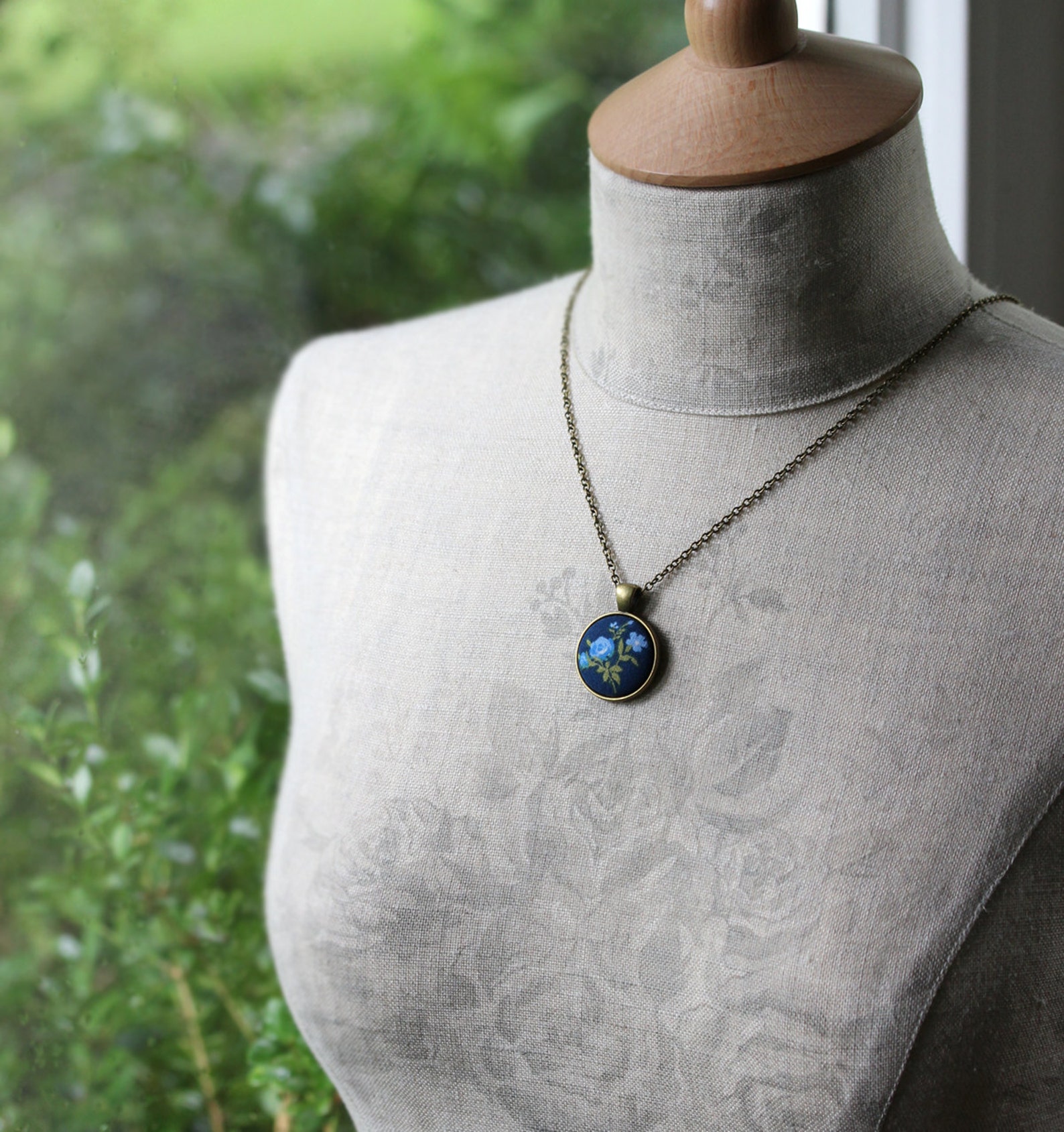 Small Navy Blue Pendant, Floral Fabric Cute Necklace, Hippie, Retro - Etsy