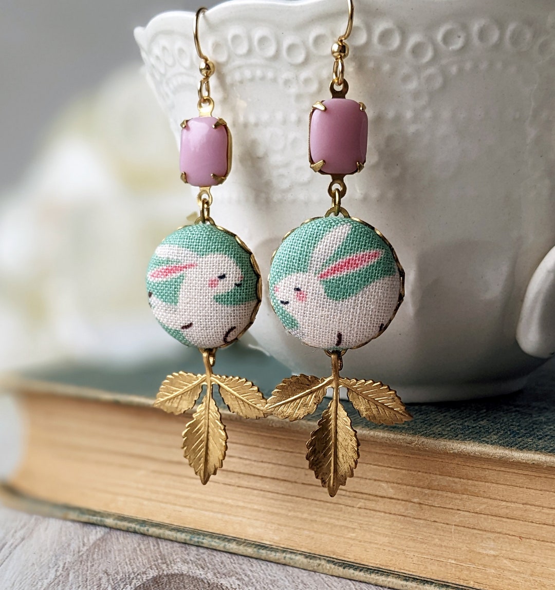 Cute Rabbit Earrings Pink Green Vintage Glass and Gold - Etsy