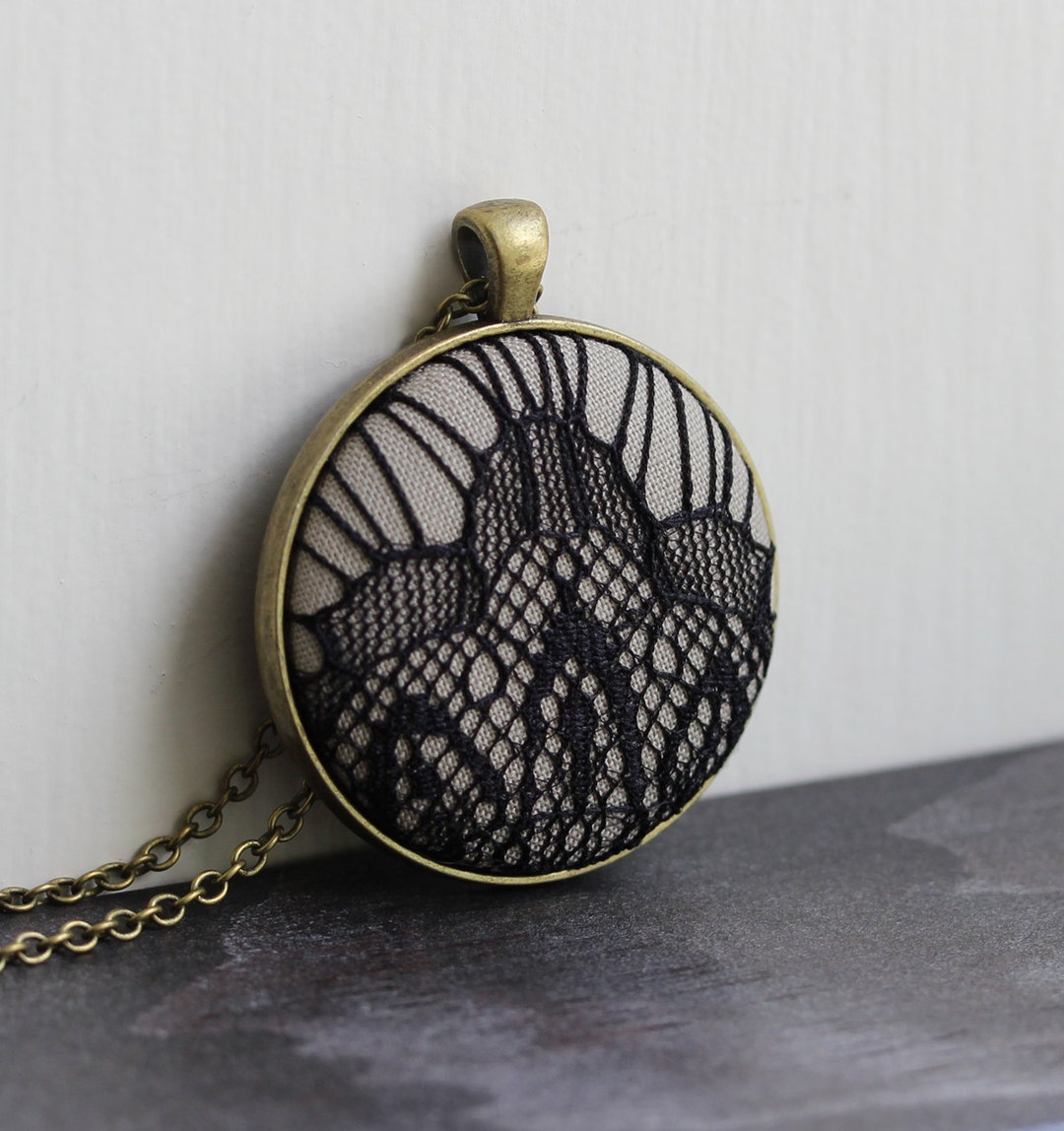 Large Geometric Pendant With Lace, Art Deco Jewelry, Beige and Black ...