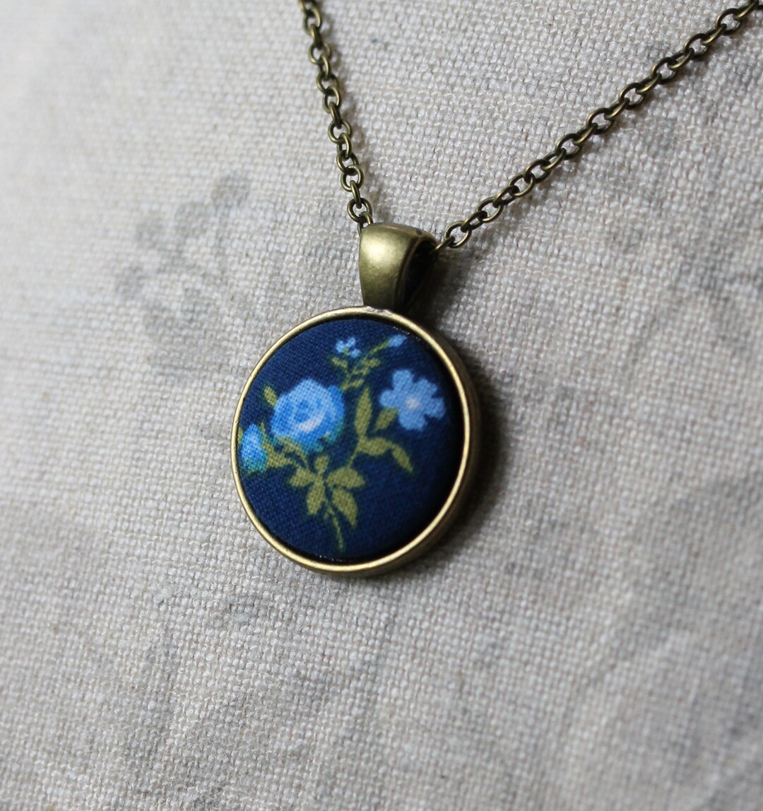 Small Navy Blue Pendant, Floral Fabric Cute Necklace, Hippie, Retro - Etsy
