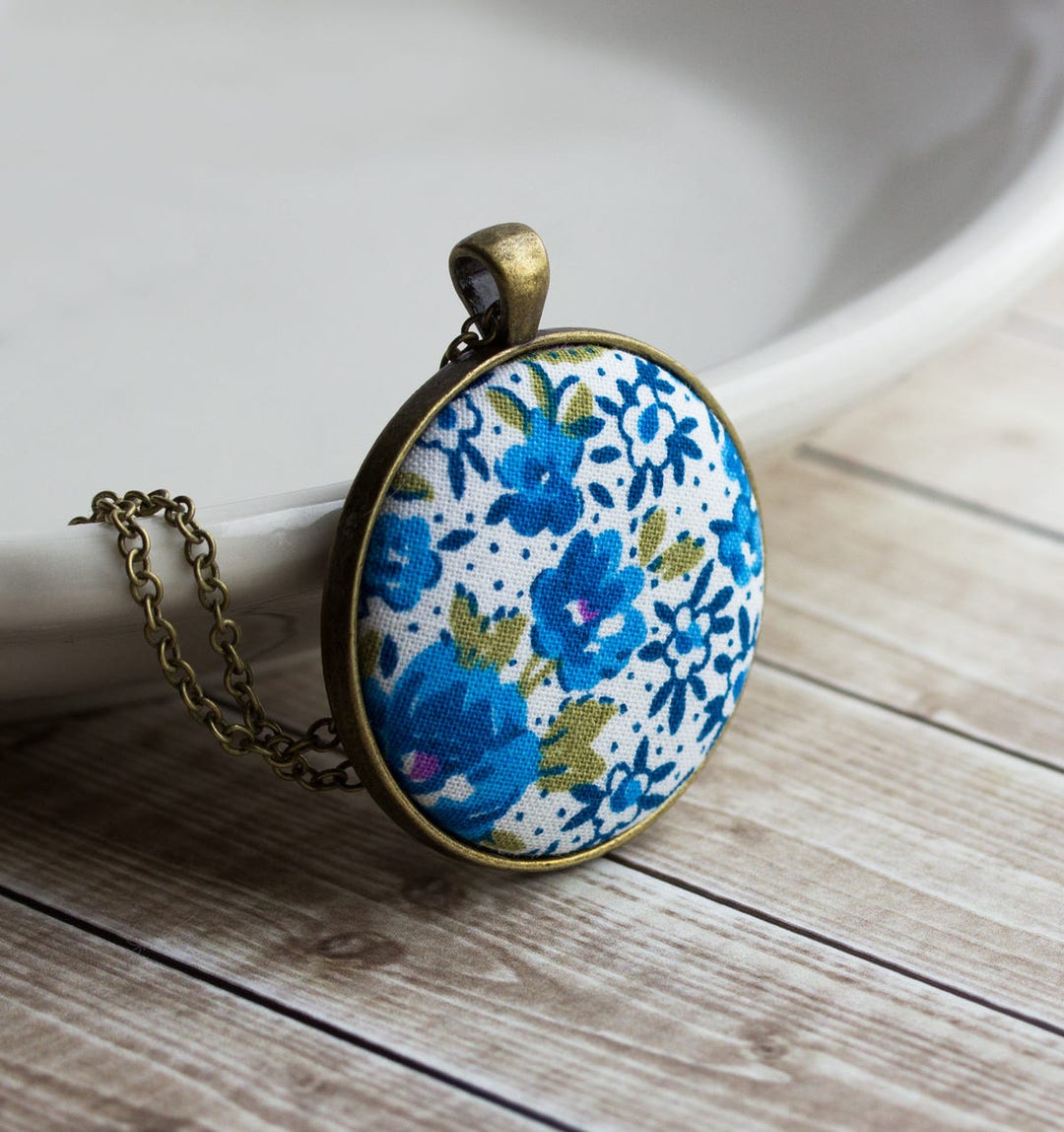 Blue Floral Fabric Pendant, Boho Jewelry for Women - Etsy