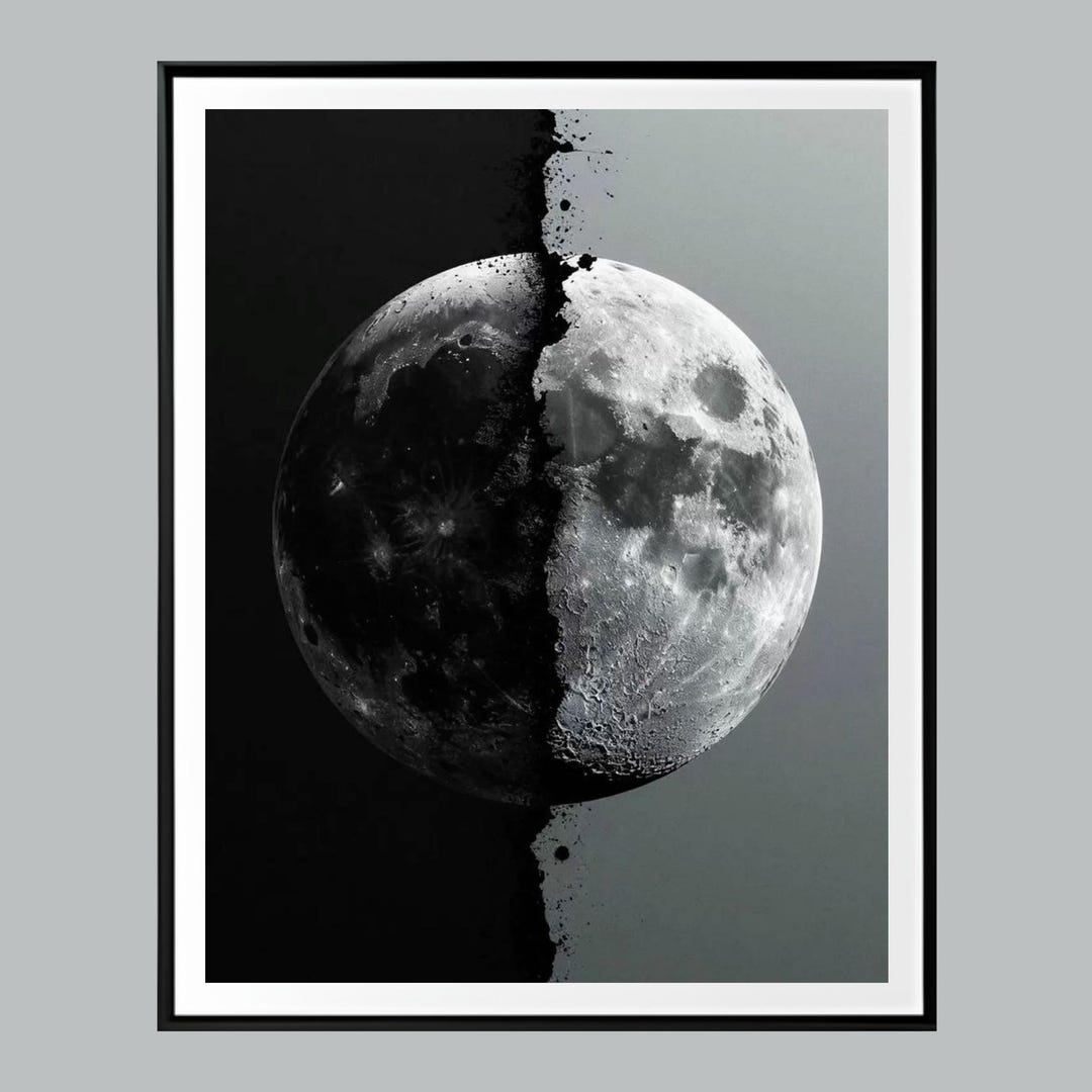 Split Moon Print, Yin Yang Wall Art, Light and Dark Balance, Celestial ...