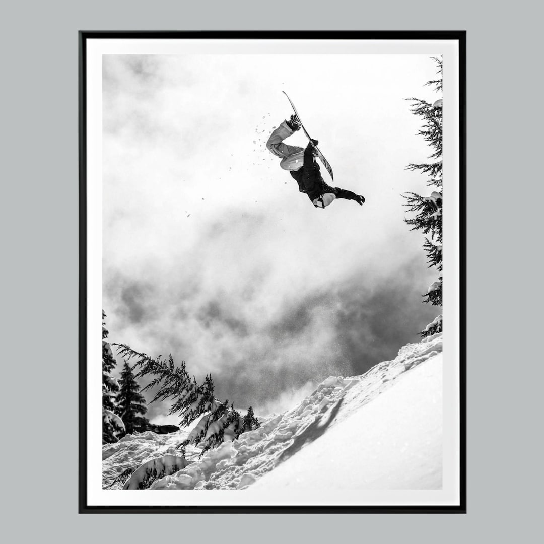 Snowboard Jump Print, Black and White Mountain Wall Art, Snowboarding ...
