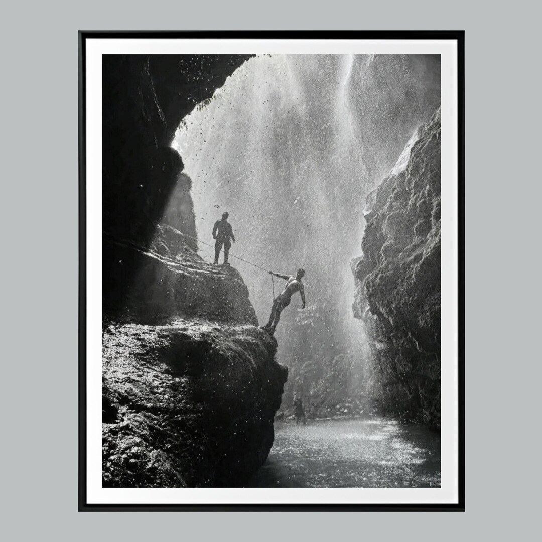 Waterfall Rappelling Print, Cave Exploration Art, Black and White ...