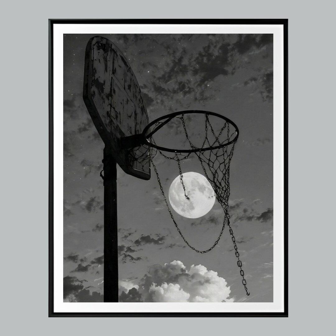 Basketball Hoop Moon Print, Surreal Sports Art, Urban Night Sky Poster ...