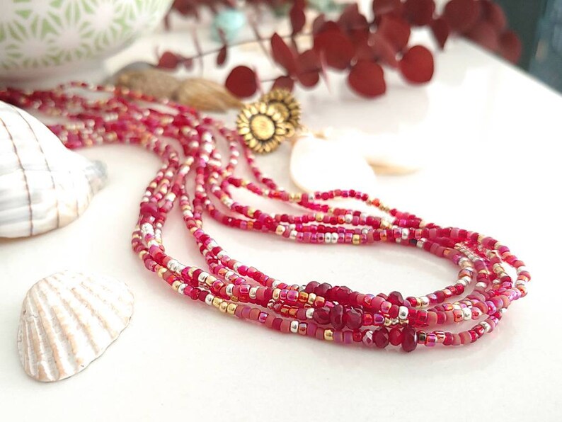 July Birthstone Bracelet - Ruby Jade, Long Seed Bead Stretch Bracelet ...