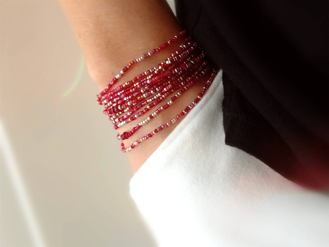 July Birthstone Bracelet - Ruby Jade, Long Seed Bead Stretch Bracelet ...