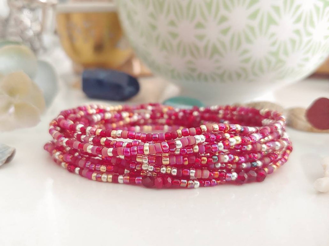 July Birthstone Bracelet - Ruby Jade, Long Seed Bead Stretch Bracelet ...