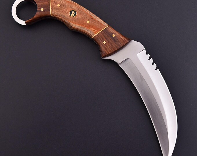 Handcrafted Karambit Knife: 440C Steel Blade, Rosewood Handle, Leather ...