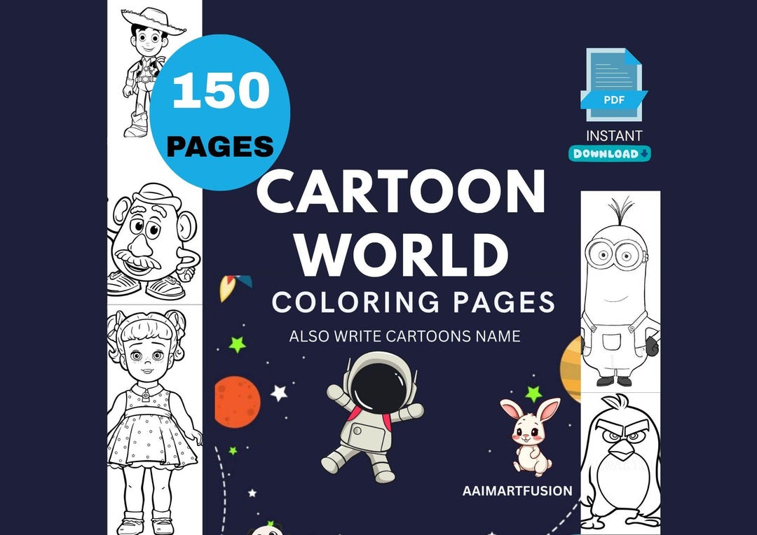 150 Cartoon Coloring Pages for Kids: A4 Printable Activity Book (PDF ...