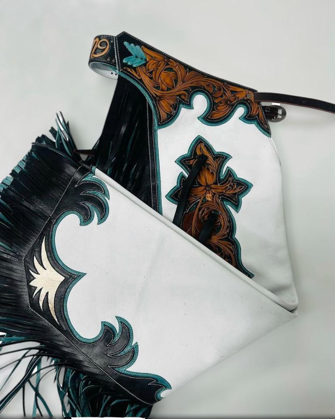 Hand-tooled Leather Rodeo Chaps | Custom Western Chaps | Fringe Bull ...