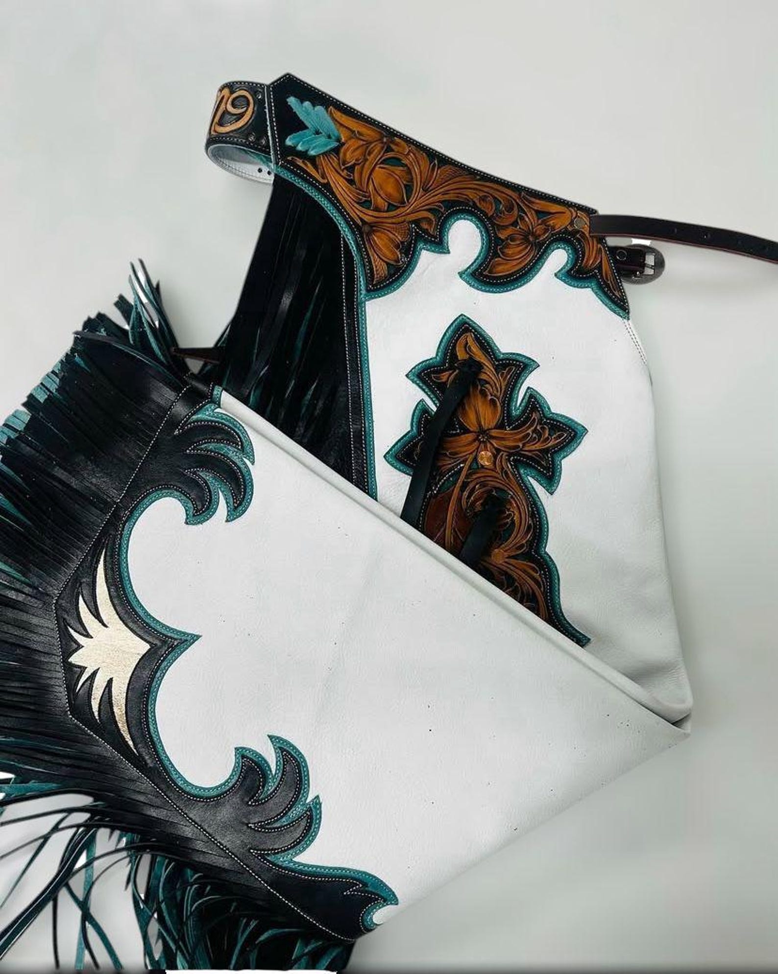 Hand-tooled Leather Rodeo Chaps | Custom Western Chaps | Fringe Bull ...