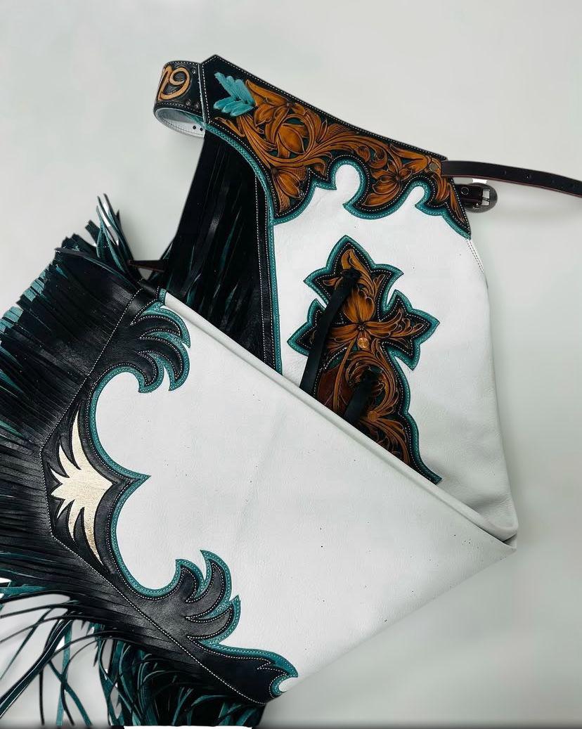 Hand-tooled Leather Rodeo Chaps | Custom Western Chaps | Fringe Bull ...