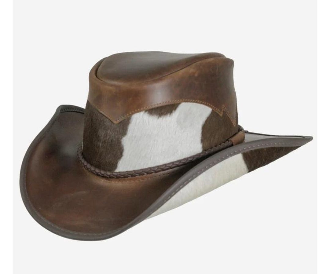 Brown Leather Cowboy Hat With Cowhide: Handmade Western Rodeo Style - Etsy