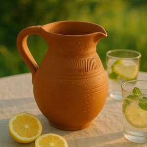Rustic Terracotta Water Jug With Lid | Handcrafted Clay Pitcher ...